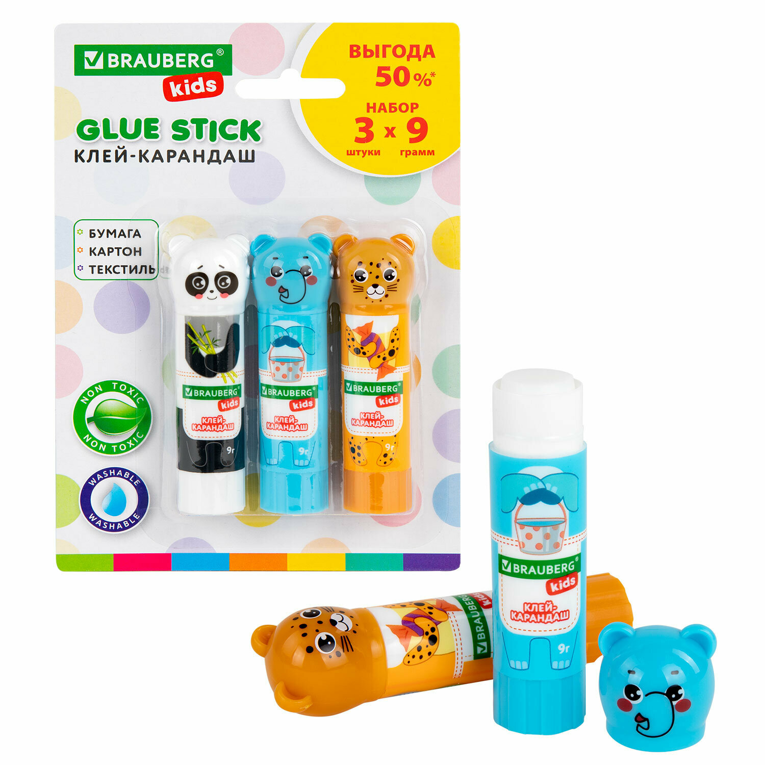 Клей-карандаш "Зверята: панда, слон, леопард" 9 г, фигурный колпачок, 3 шт./блистер, BRAUBERG KIDS, 272473 (цена только за 1 шт.)