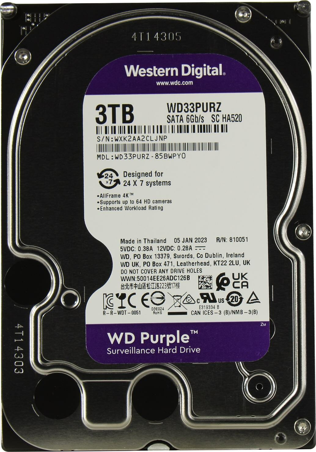 Western Digital Жесткий диск 3ТБ Western Digital Purple WD33PURZ, 5400об./мин, 256МБ (SATA III) (oem)