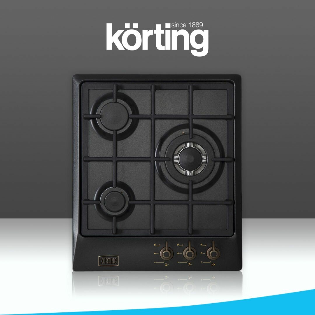 Газовая варочная панель Korting HG 465 CTRN ширина 45 см, 3 конфорки, WOK, электроподжиг, матовый черный