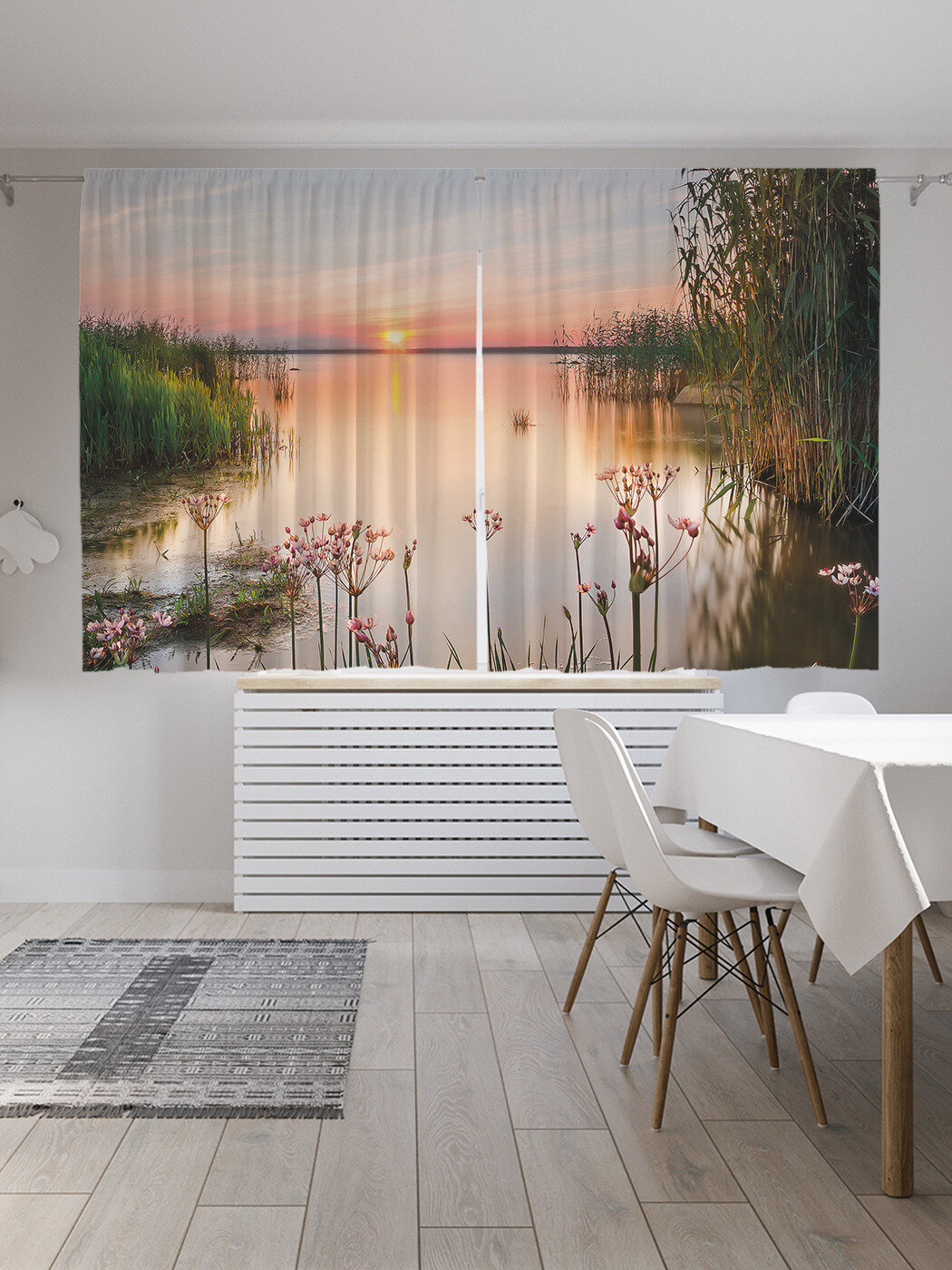 Фотошторы короткие "Рассвет у реки", 2 полотна шириной по 145 см, высота 180 см, JoyArty