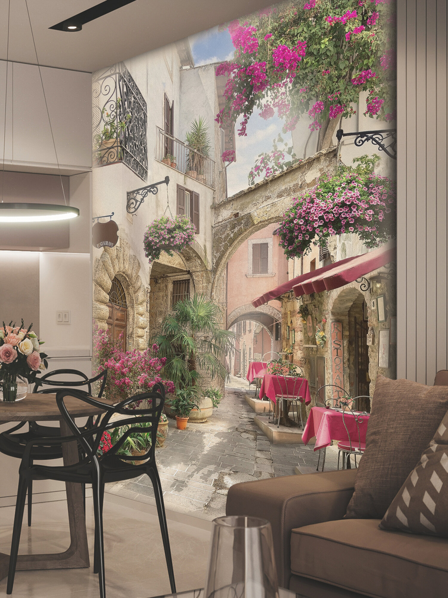 Фотообои фреска 200 х 270 см "Цветущий дворик" / Обои на стену, в гостиную, спальню, для кухни