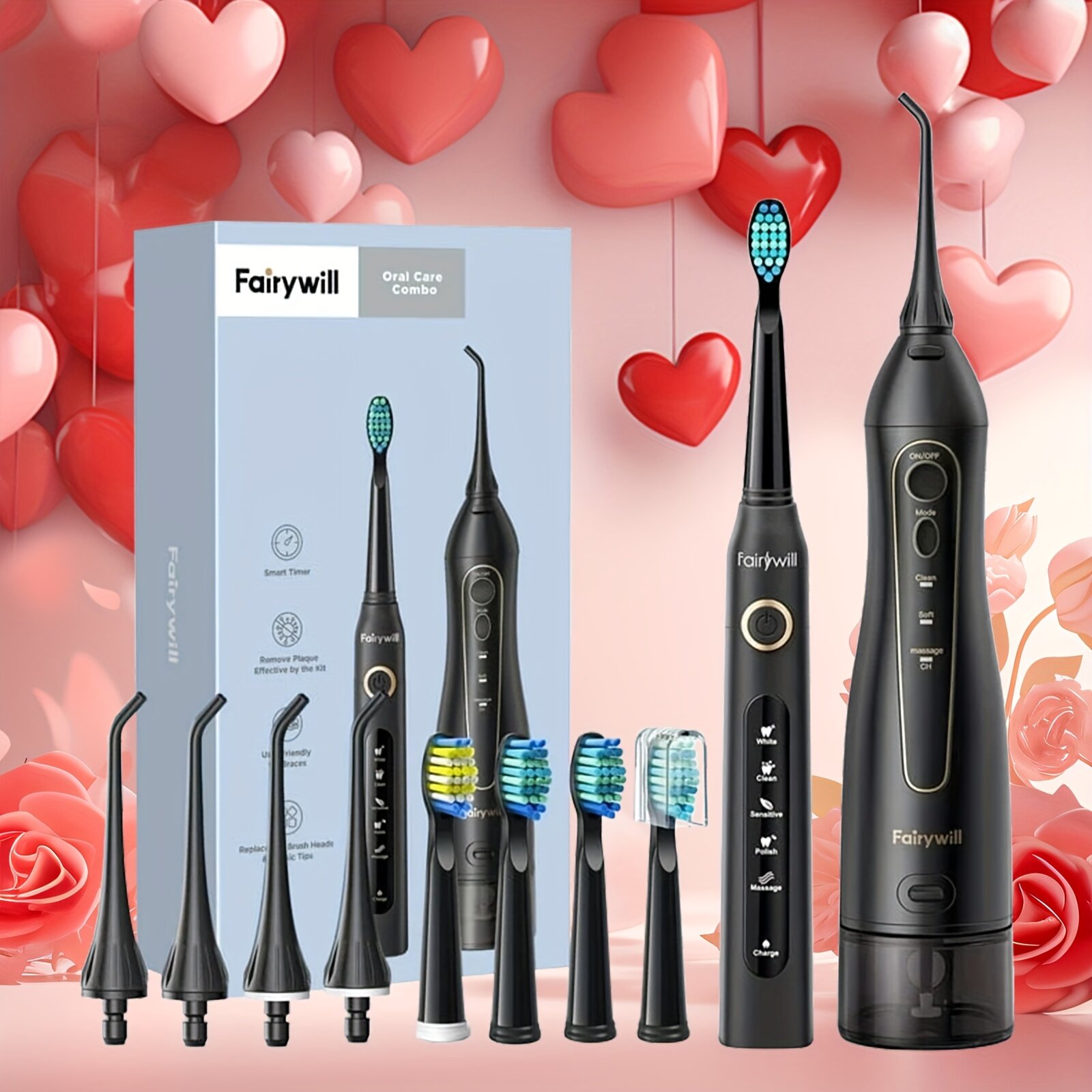 Набор Fairywill: ирригатор для полости рта и перезаряжаемая электрическая зубная щетка для ухода за брекетами и мостами, черный — идеальный подарок на Рождество