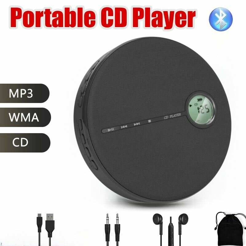 Перезаряжаемый портативный CD-плеер с Bluetooth, компактный с наушниками и двумя стереодинамиками черный,2000mAh