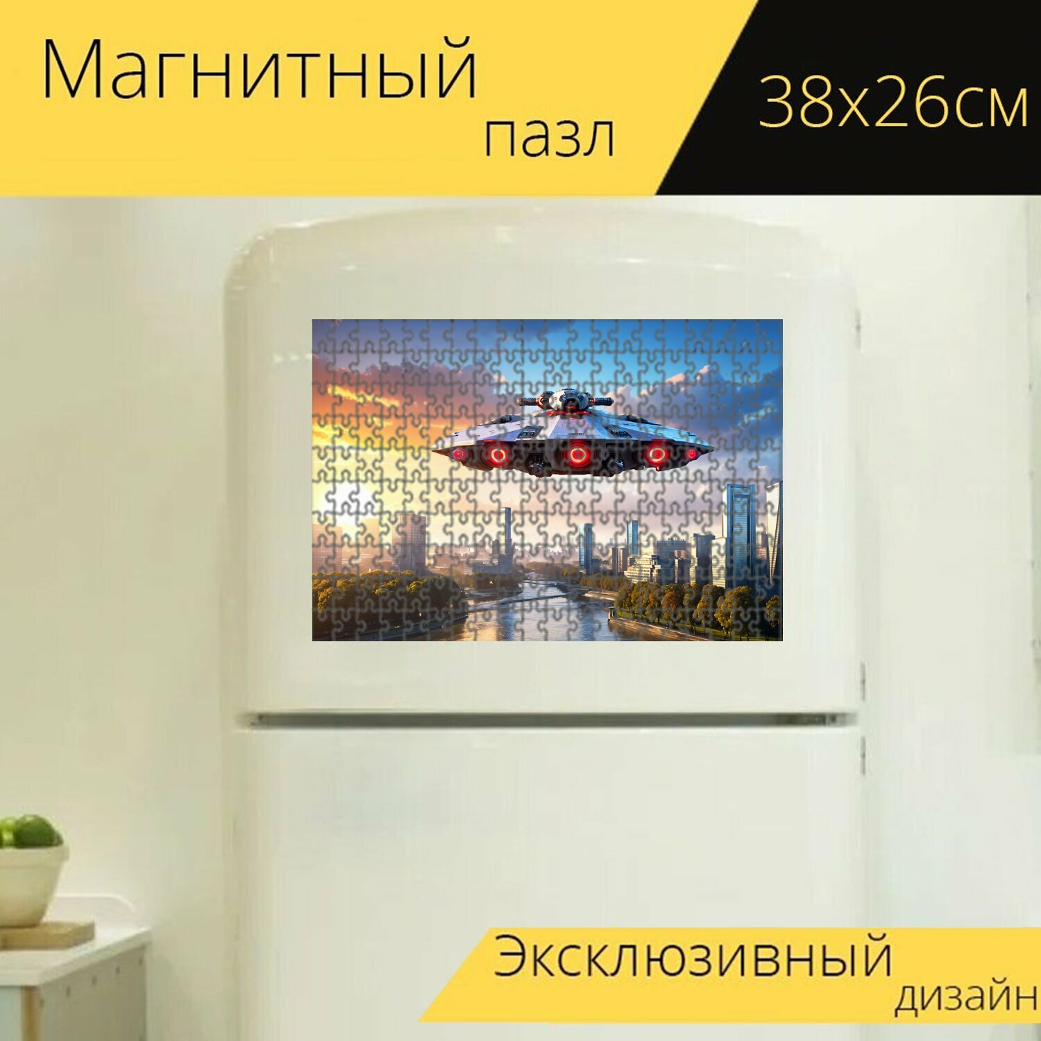 Магнитный пазл "Космический корабль с яркими красными деталями летит над современным городом под ярким закатом. Небо насыщенных оттенков синего, оранжевого." для интерьера, 38х26 см.