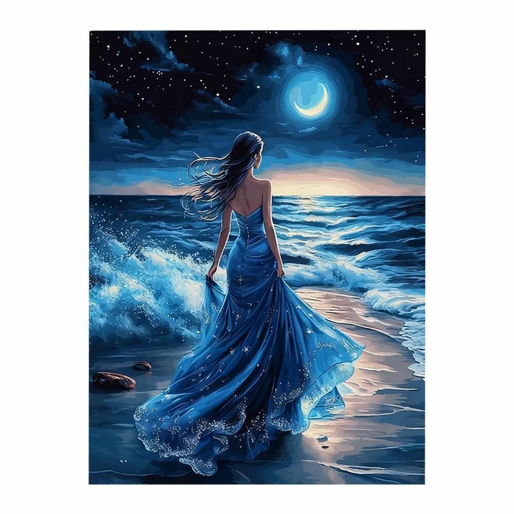 Алмазная мозаика большая картина "Пляжный лунный свет" 50х40 см со светящимся в темноте стразами и 5Д элементами
