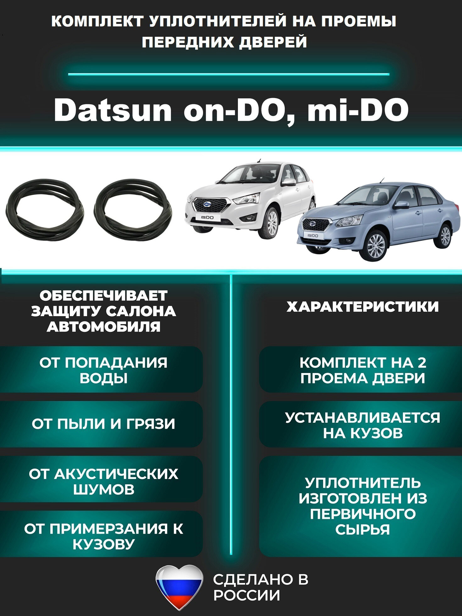 Комплект уплотнителей проема передних дверей Datsun on-DO, mi-DO / Датсун он до, ми до (стыкованный) на 2 двери (правую + левую)