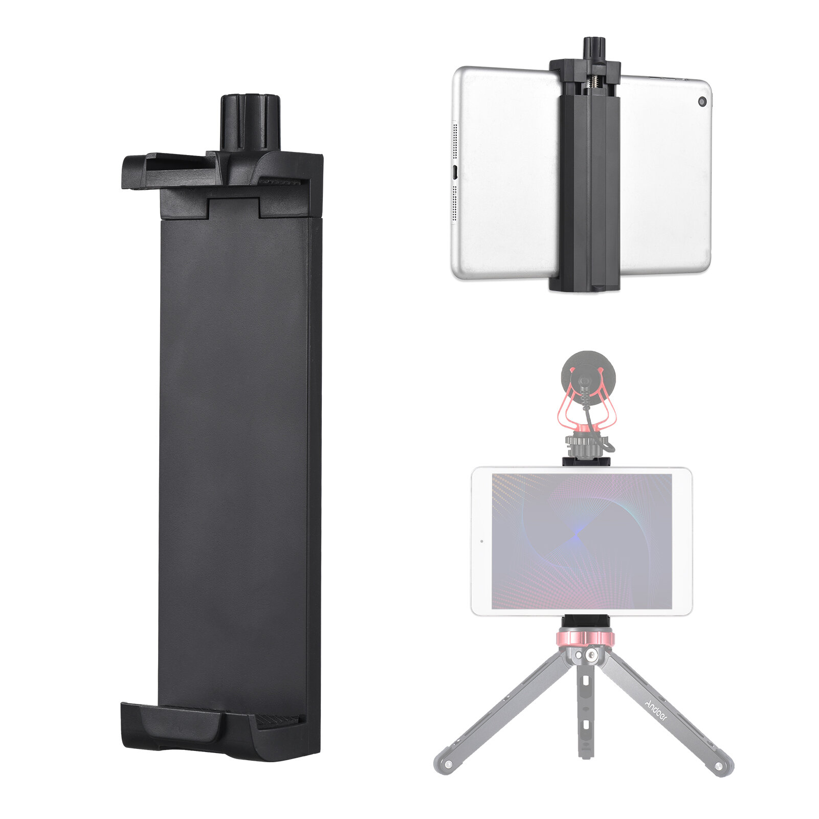 Smartphone Tablet Tripod Mount Phone Holder Clamp Color Black Material Plastic Adjustable Width 13cm-24.5cm/5.11in-9.64in Item Weight 87g/3.06oz with Cold Shoe Mount 1/4in Threaded Holes Compatible with Tablet Smartphone iPad iPhone Packing List 1*