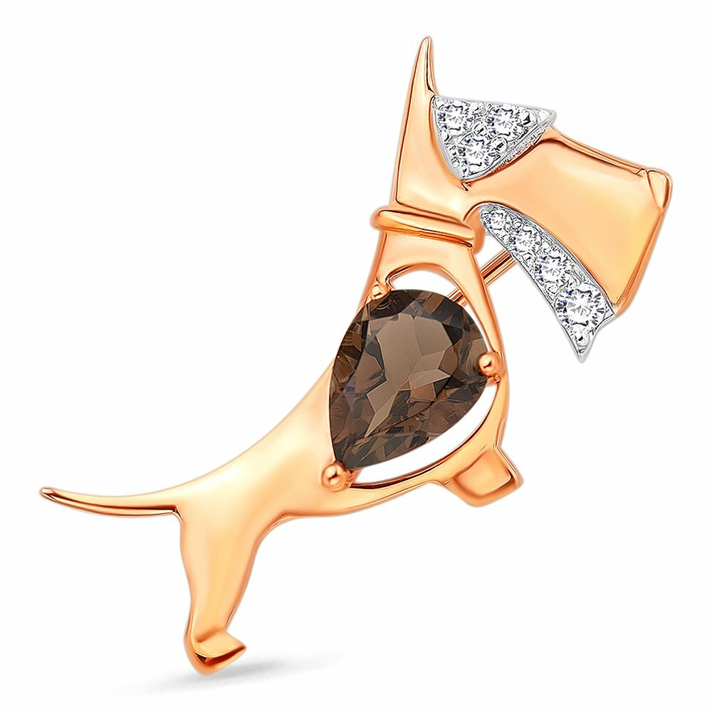 Брошь, красное золото, 585 проба, родирование, фианит, раухтопаз