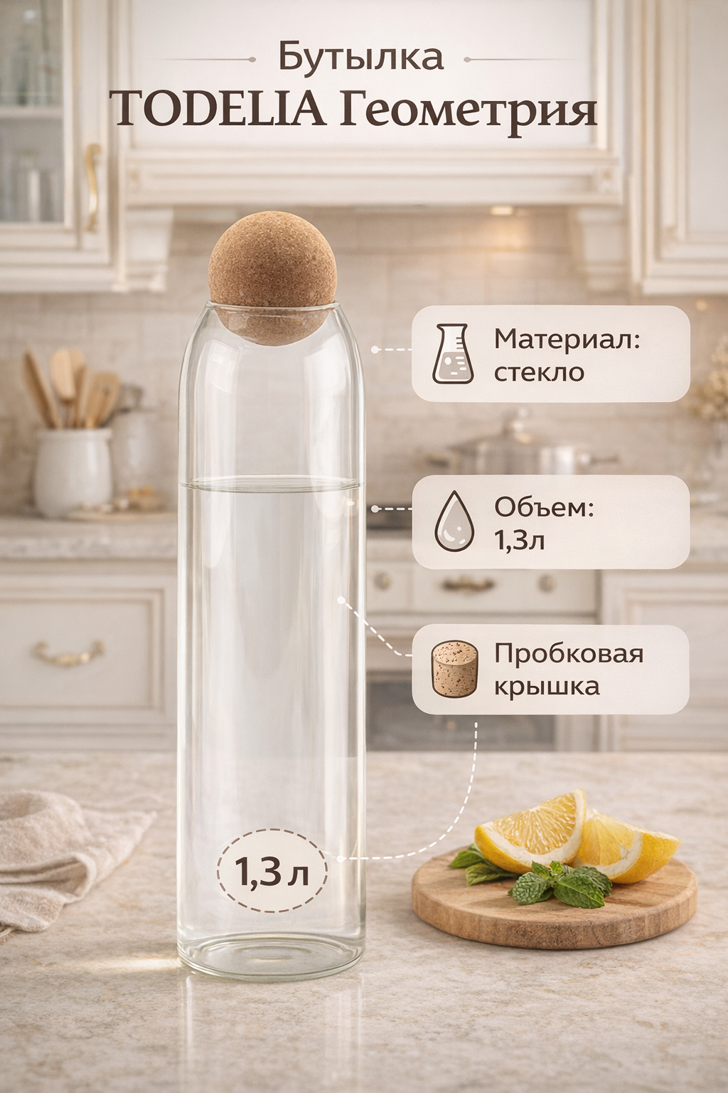 Бутылка TODELIA "Геометрия", объем: 1,3 л, с пробковой крышкой, материал: стекло