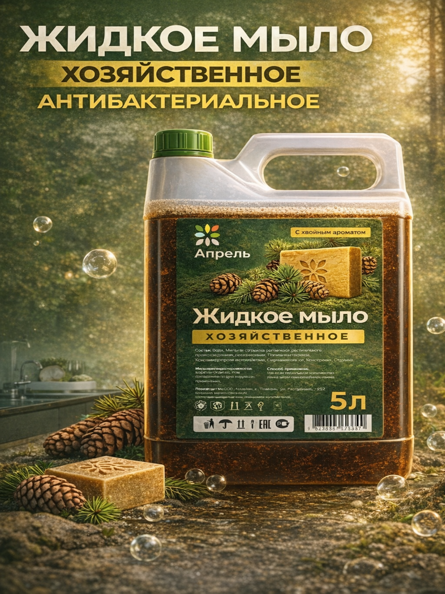 Мыло жидкое хозяйственное Апрель, антибактериальное, с хвойным ароматом, 5 л