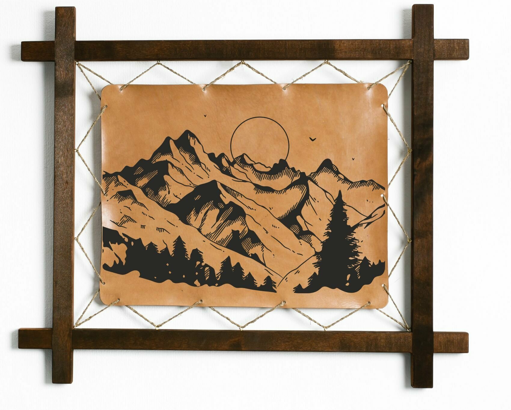 Картина интерьерная, натуральная кожа, "Горы", в деревянной раме, BoomGift