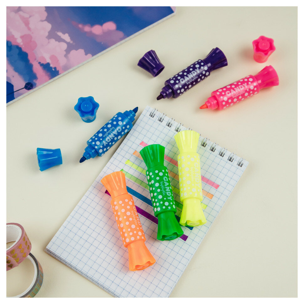 Текстовыделитель двусторонний MESHU "Candy" мини, ассорти, неоновые цвета, 2/4мм, 30 штук, 344552