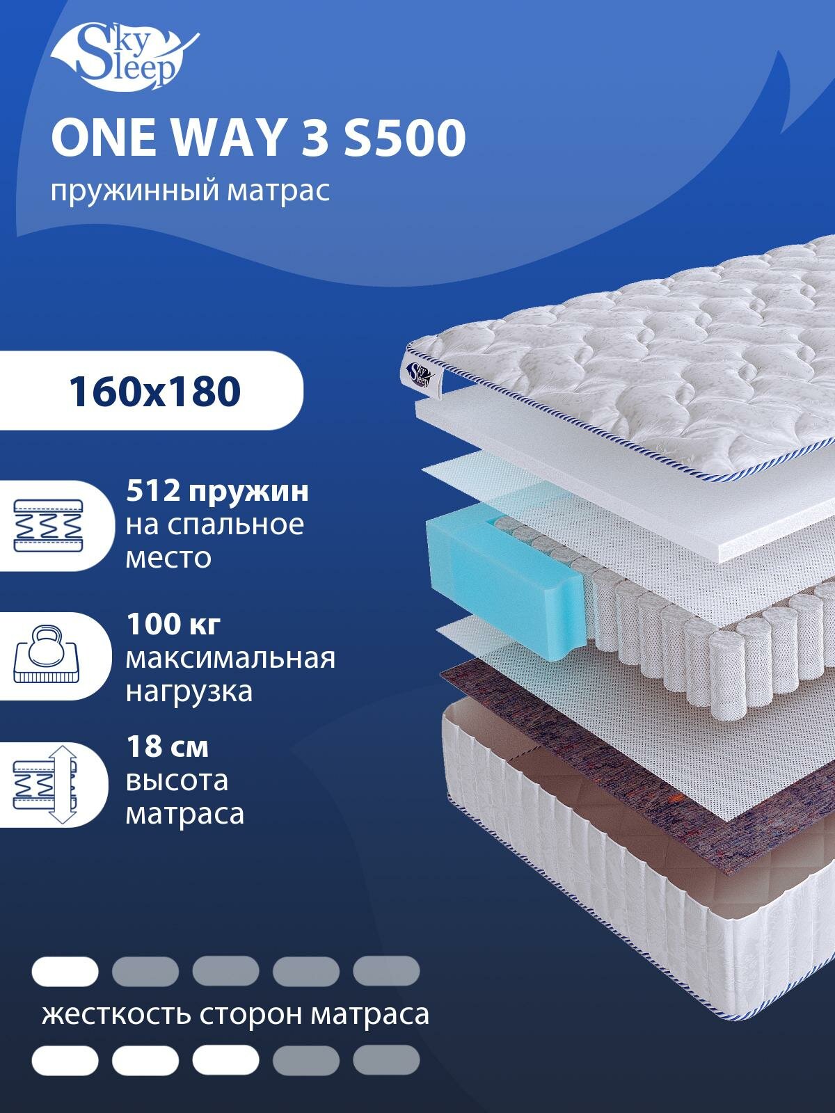Односторонний ортопедический матрас SkySleep ONE WAY 3 S500 на кровать 160x180