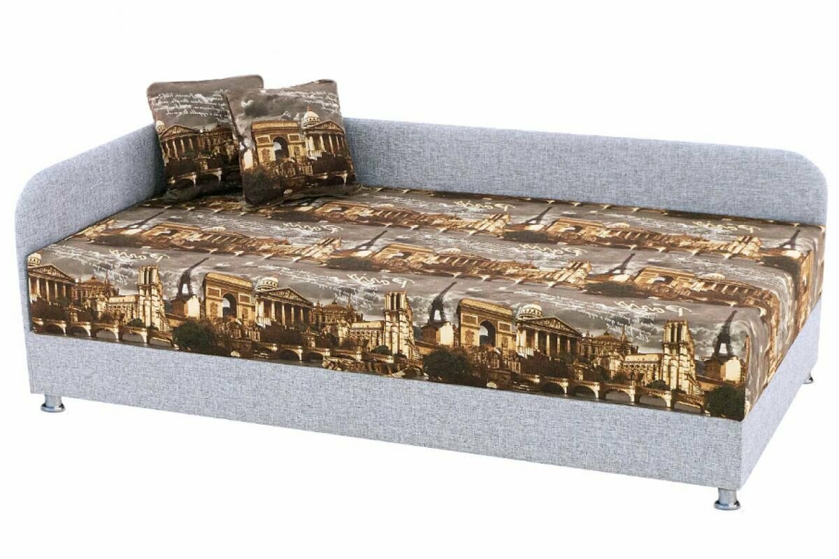 Тахта София серая рогожка, принт Париж коричневый, левый угол