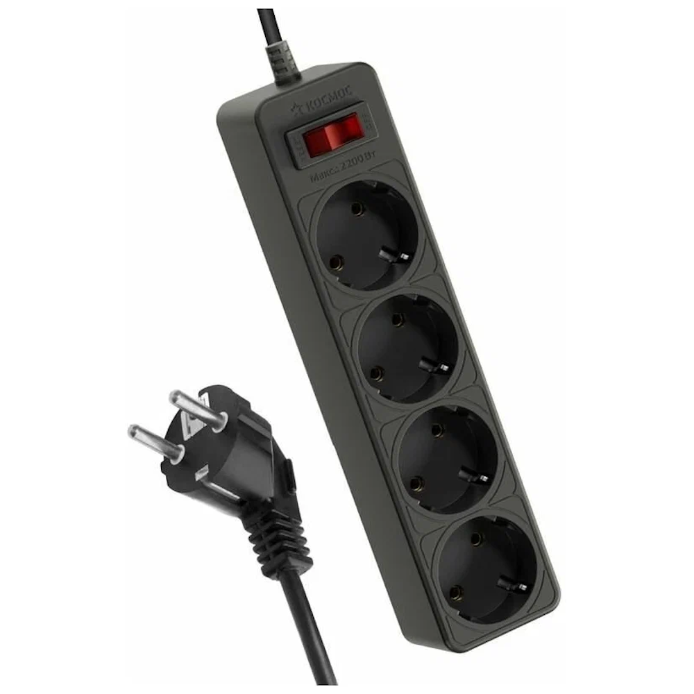 Сетевой фильтр 2200Вт на 4 гнезда с заземлением черный 1.5 метра (Космос)