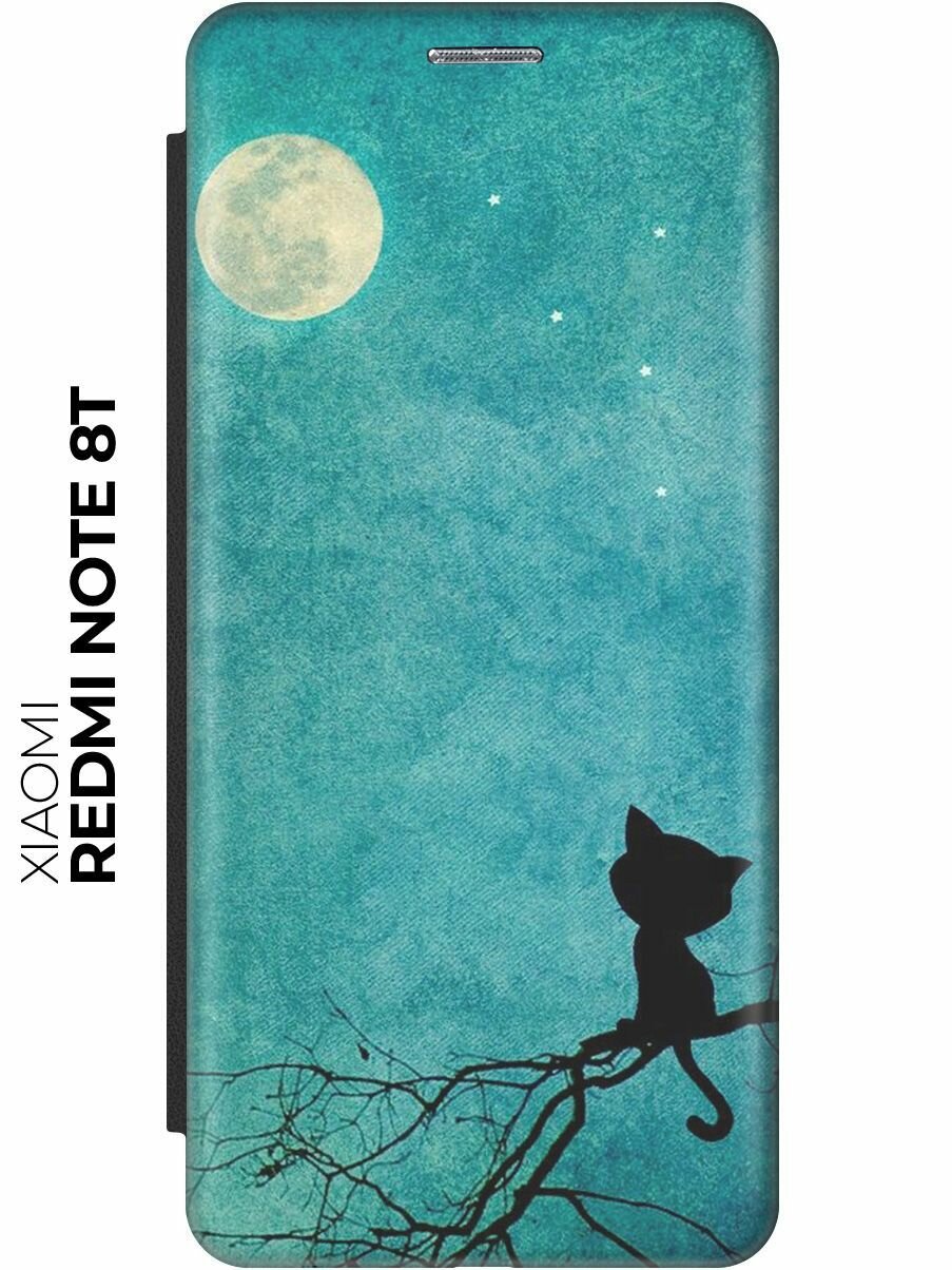 Чехол-книжка Котенок и луна на Xiaomi Redmi Note 8T / Сяоми Редми Ноут 8Т черный