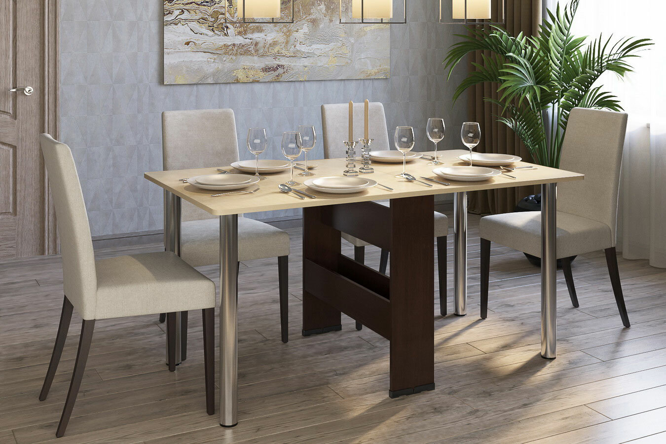 Стол-книжка 154,5 см с металлическими ножками и скругленной столешницей (цвет: венге, дуб молочный)