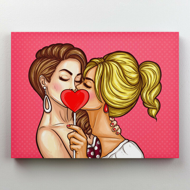 Интерьерная картина на холсте "Постер в стиле комиксов - девушки и леденец сердечко" размер 60x45 см