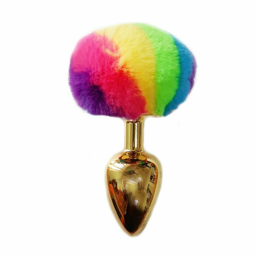 Золотая анальная пробка с радужным хвостом, размер М