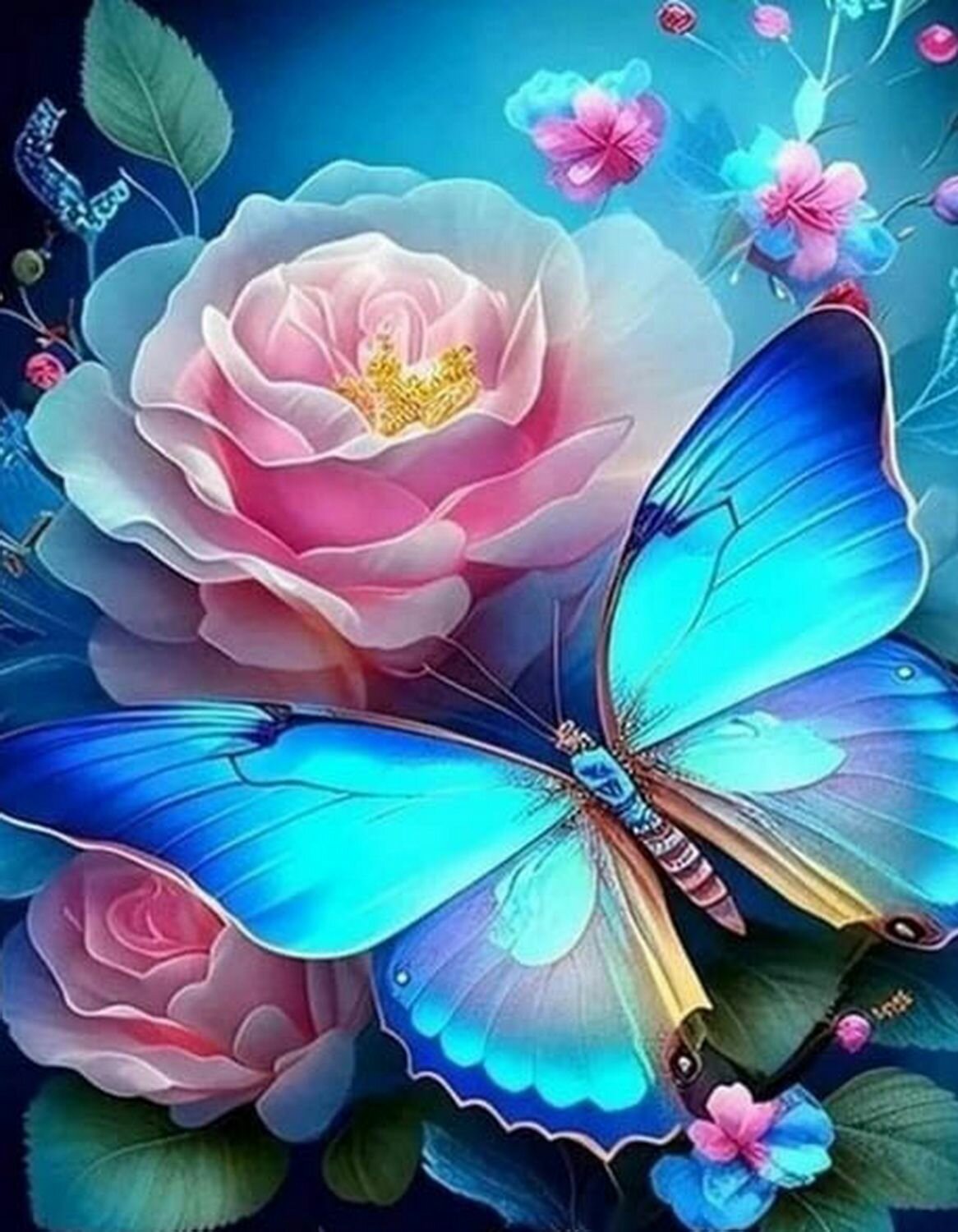 Алмазная мозаика 40х50 Бабочка и роза на подрамнике (картина стразами с декоративной рамкой)