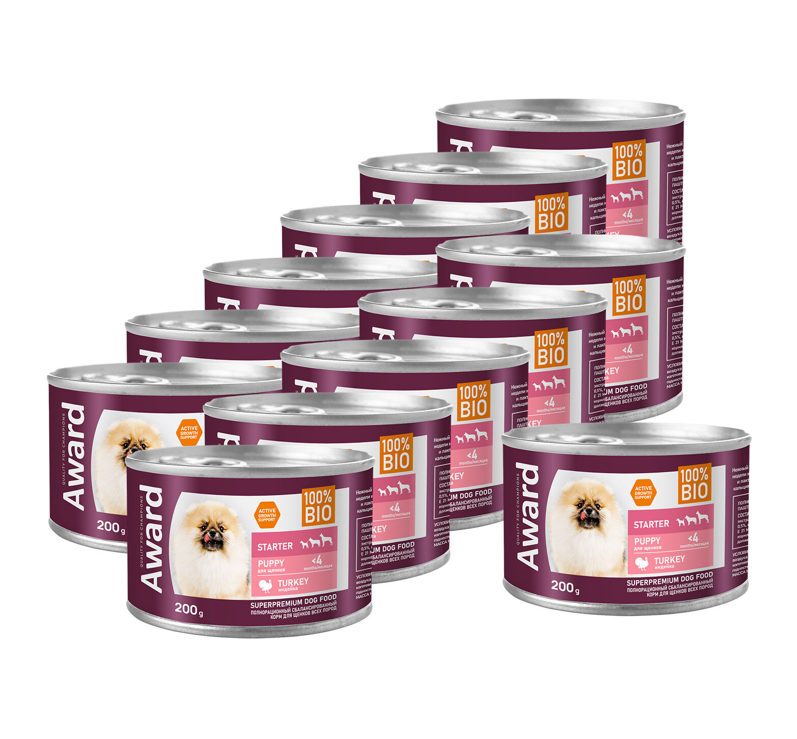 Влажный корм AWARD для щенков с начала прикорма до 4 месяцев, беременных и кормящих сук паштет из индейки 200г х 12 шт.