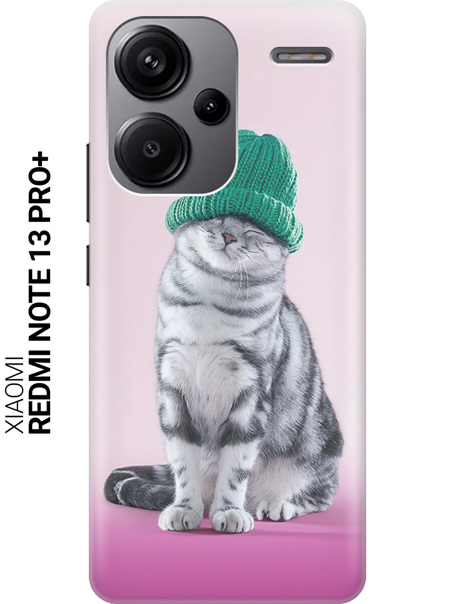 Силиконовый чехол на Xiaomi Redmi Note 13 Pro + / Сяоми Редми Ноут 13 Про + с рисунком "Кот в зеленой шапке"