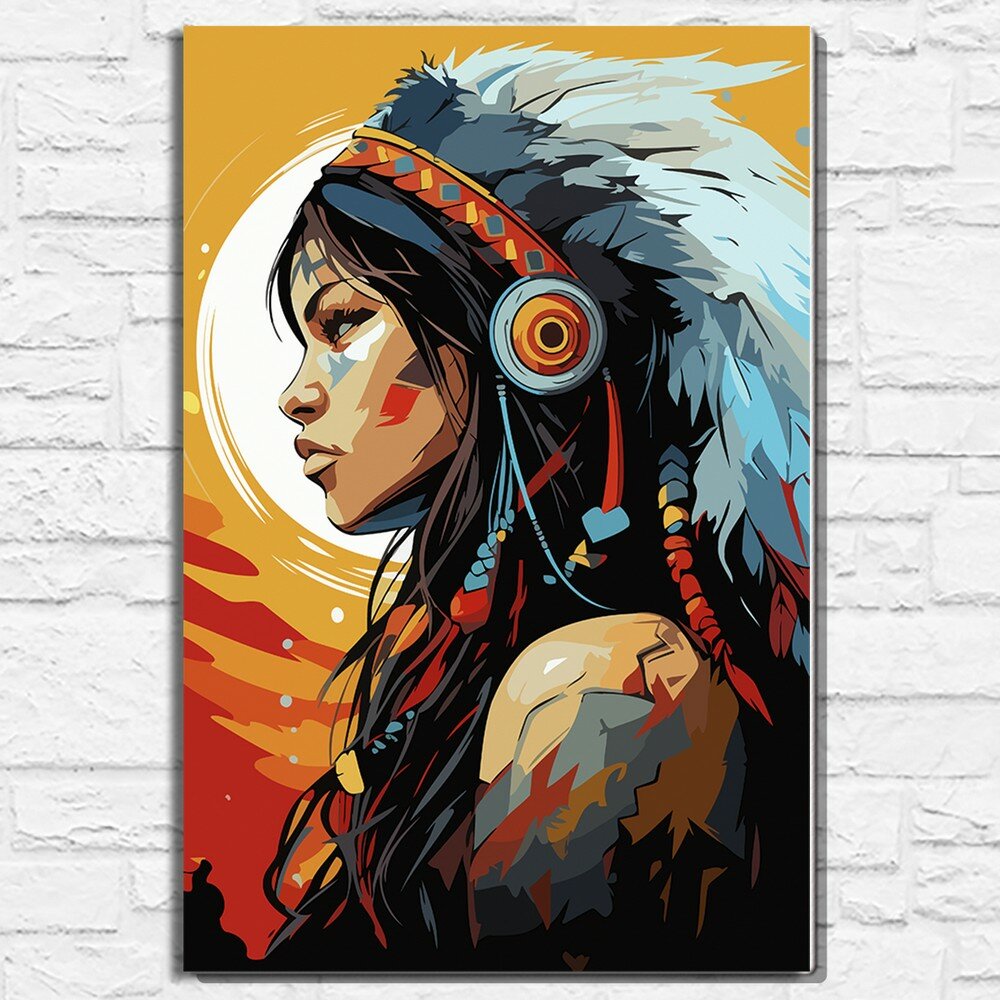 Картина по номерам на холсте эстетика Девушка-вождь (роуч, перья, индеец, этно) - 14079 В 40х60