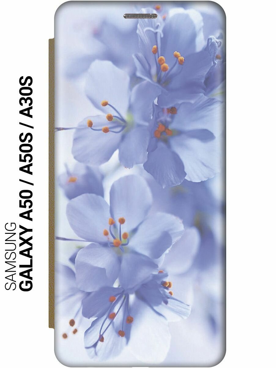 Чехол-книжка на Samsung Galaxy A50, A50s, A30s, Самсунг А50, А30с, А50с с 3D принтом "Лазурные орхидеи" золотой
