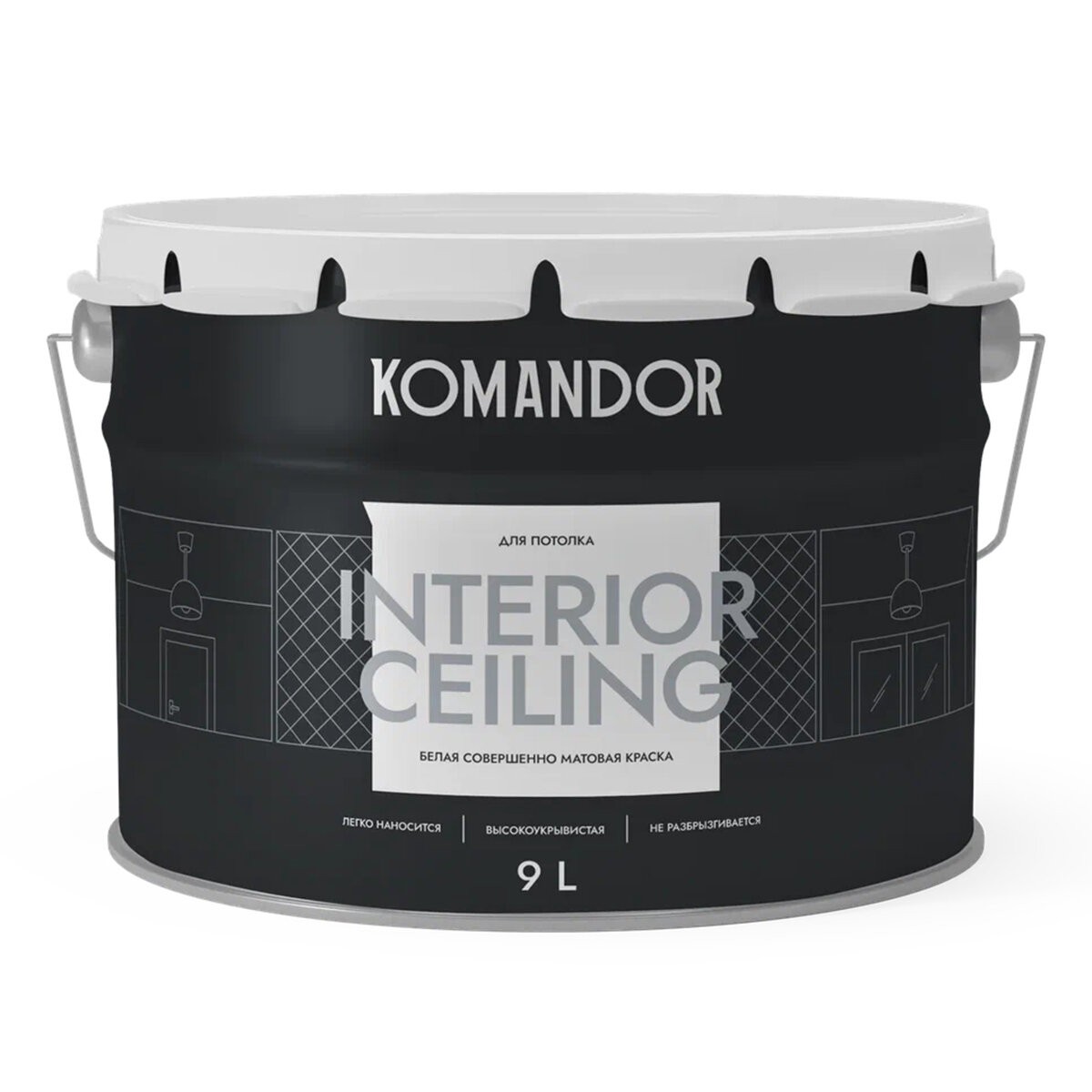 Краска для потолков Komandor INTERIOR CEILING, белая, матовая, 9 л