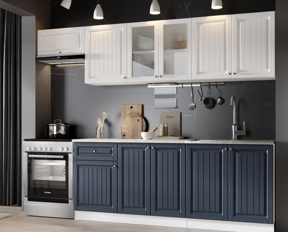 Кухонный гарнитур, кухня, готовый комплект Хозяюшка 2,6 м Акация белая/Сапфир