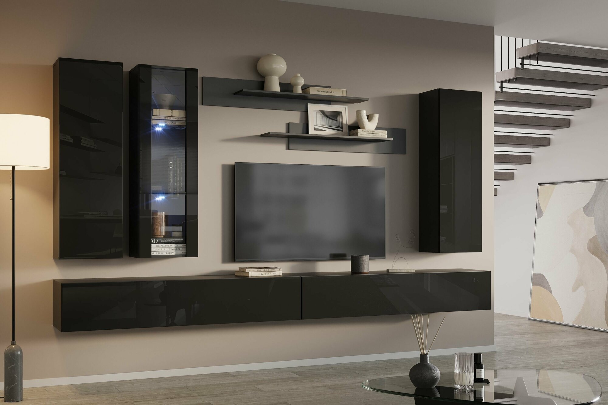 Стенка для гостиной Point-К11W, модульная гостиная, тв тумба подвесная , Черный глянец, 320х150х40 см. (ШхВхГ)