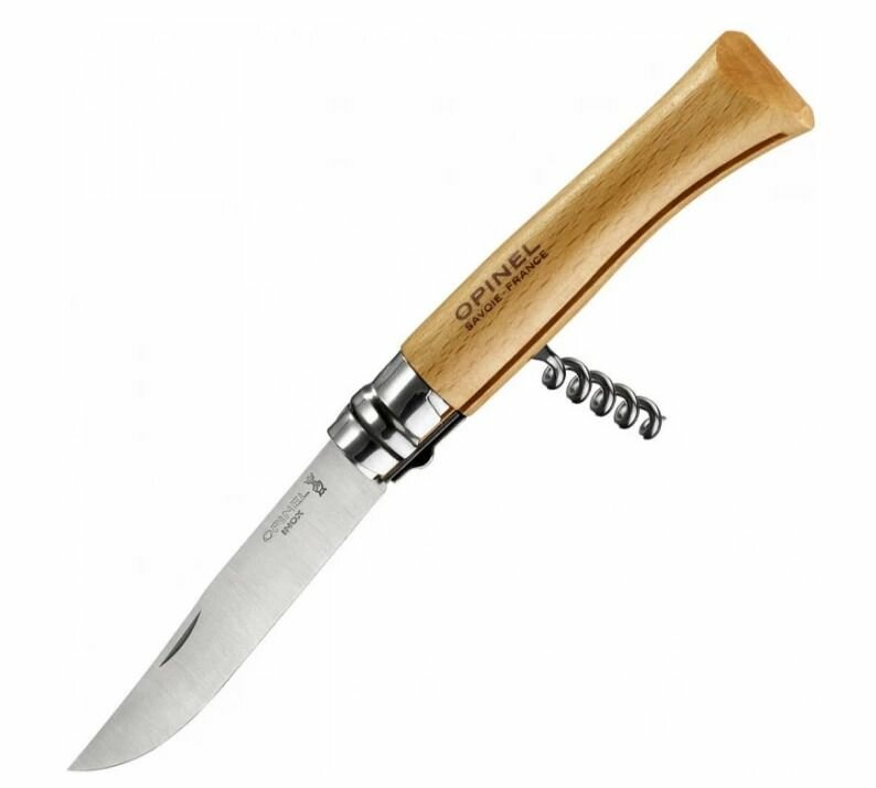 Нож OPINEL №10, нержавеющая сталь, рукоять из бука, со штопором 001410