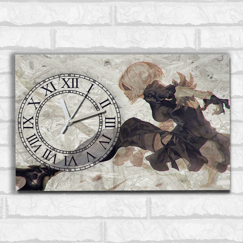Настенные бесшумные часы ОСБ со смещенным циферблатом игры nier automata (2B, туби, девушка) - 2222