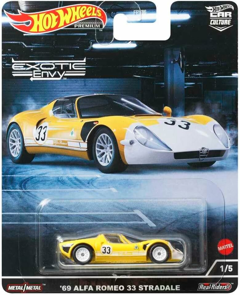 Коллекционная Premium машинка Hot Wheels '69 Alfa Romeo 33 Stradale Giallo Prototipo (коллекция Car Culture 2022, серия Exotic Envy, 1/5)