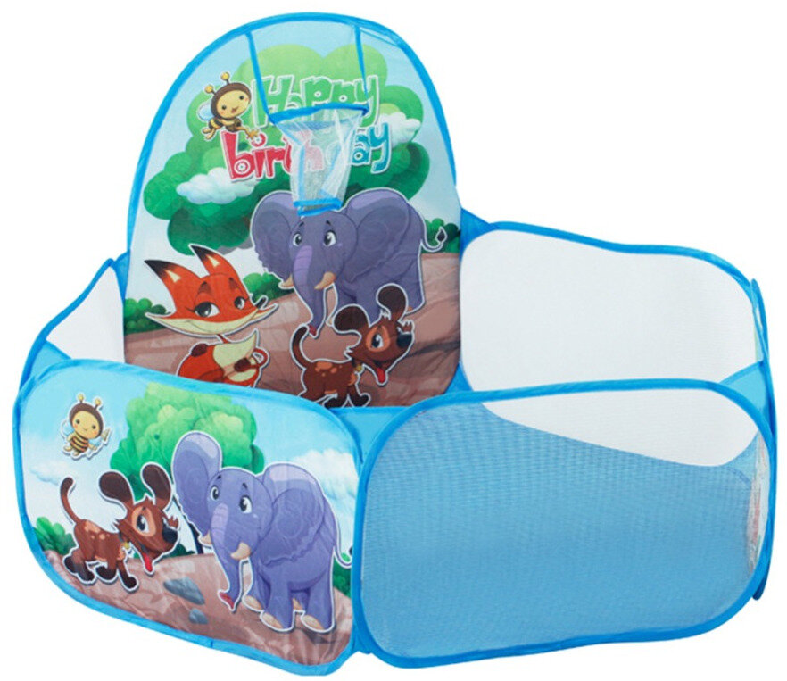 Детский сухой бассейн "Зверята", игровая палатка-манеж с баскетбольным кольцом для дома и дачи, 120х120х38 см