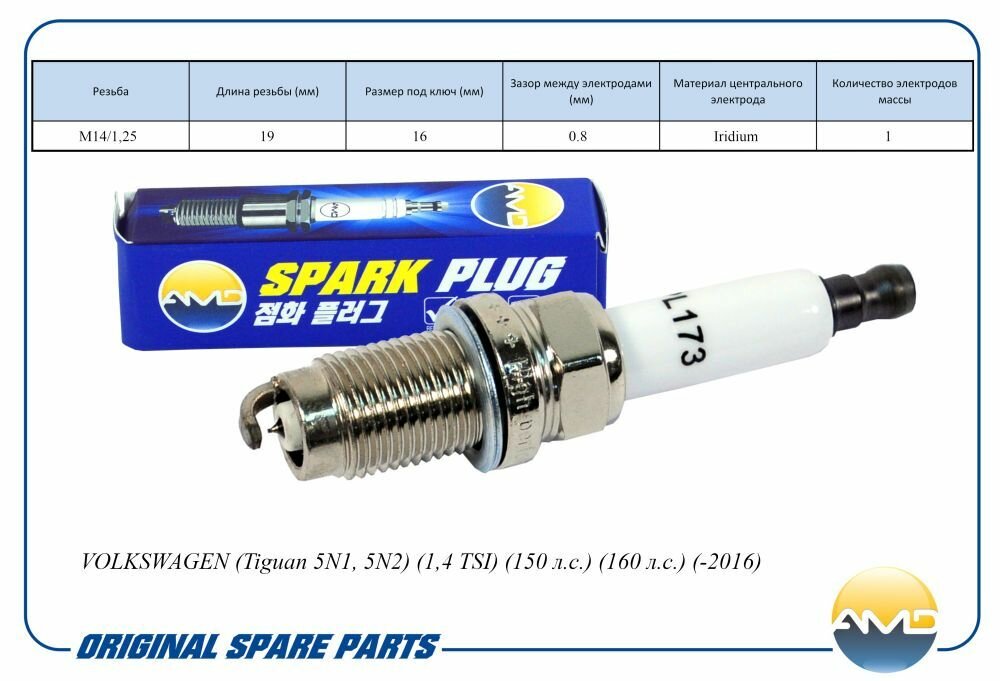 Свеча зажигания 03C905601B/SIZFR6B8EG/AMD. PL173 Iridium для VOLKSWAGEN (Tiguan 5N1, 5N2)