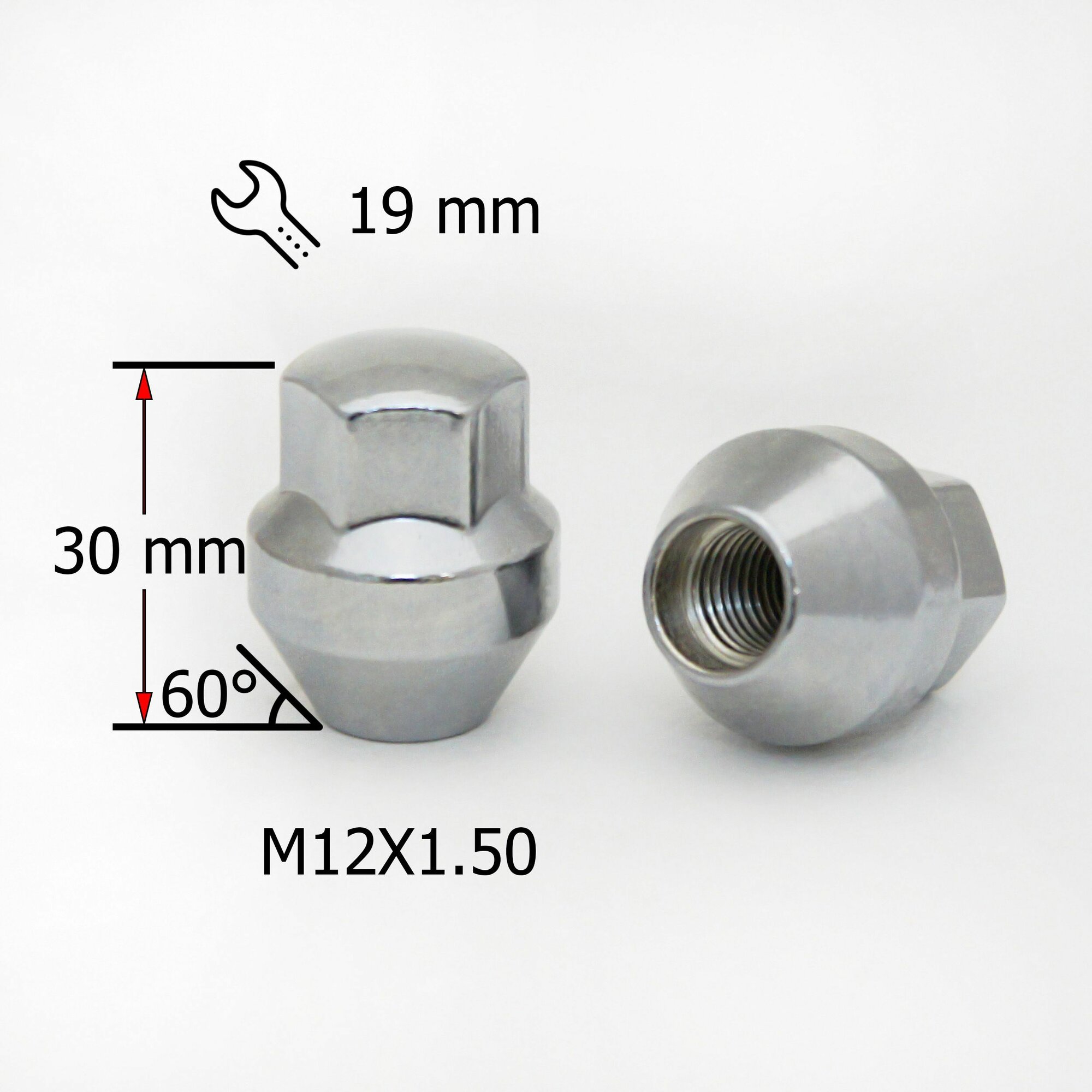 Гайка колесная M12х1,5 Конус , высота 33мм закрытая(цельная) ключ 19мм, Хром. Форд