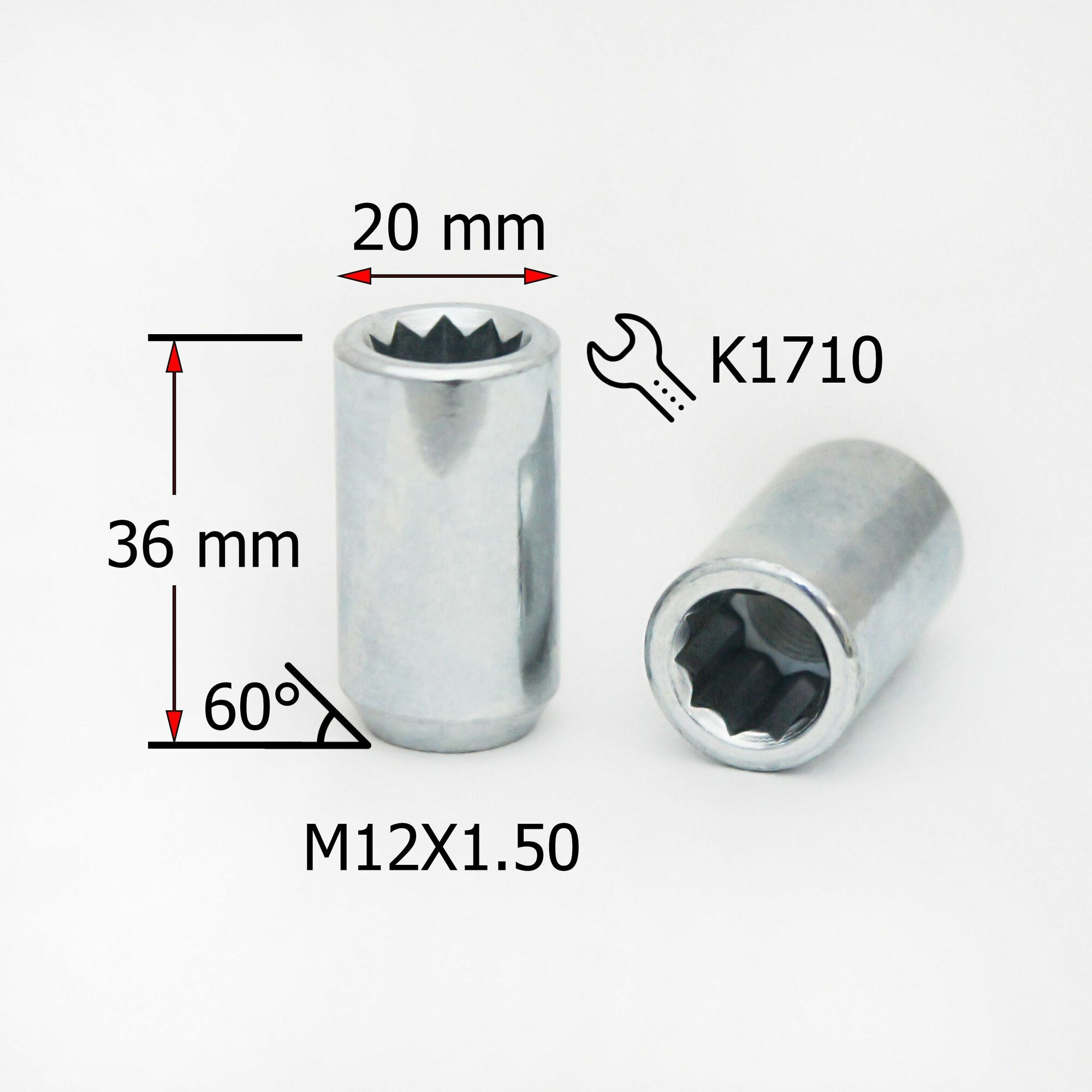 Гайка колесная M12х1,5 высота 36мм, диаметр 20мм, Хром, ключ 10-лучевая звезда(К1710ST), 20 штук