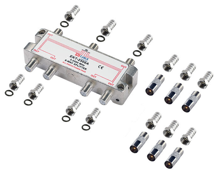 ТВ комплект №67: Сплиттер на 6 тв под F разъём 5-2500 MHz "спутник" с проходом питания, с разъёмом F (7 штук) и наборами - ТВ штекер прямой + F (6 штук)