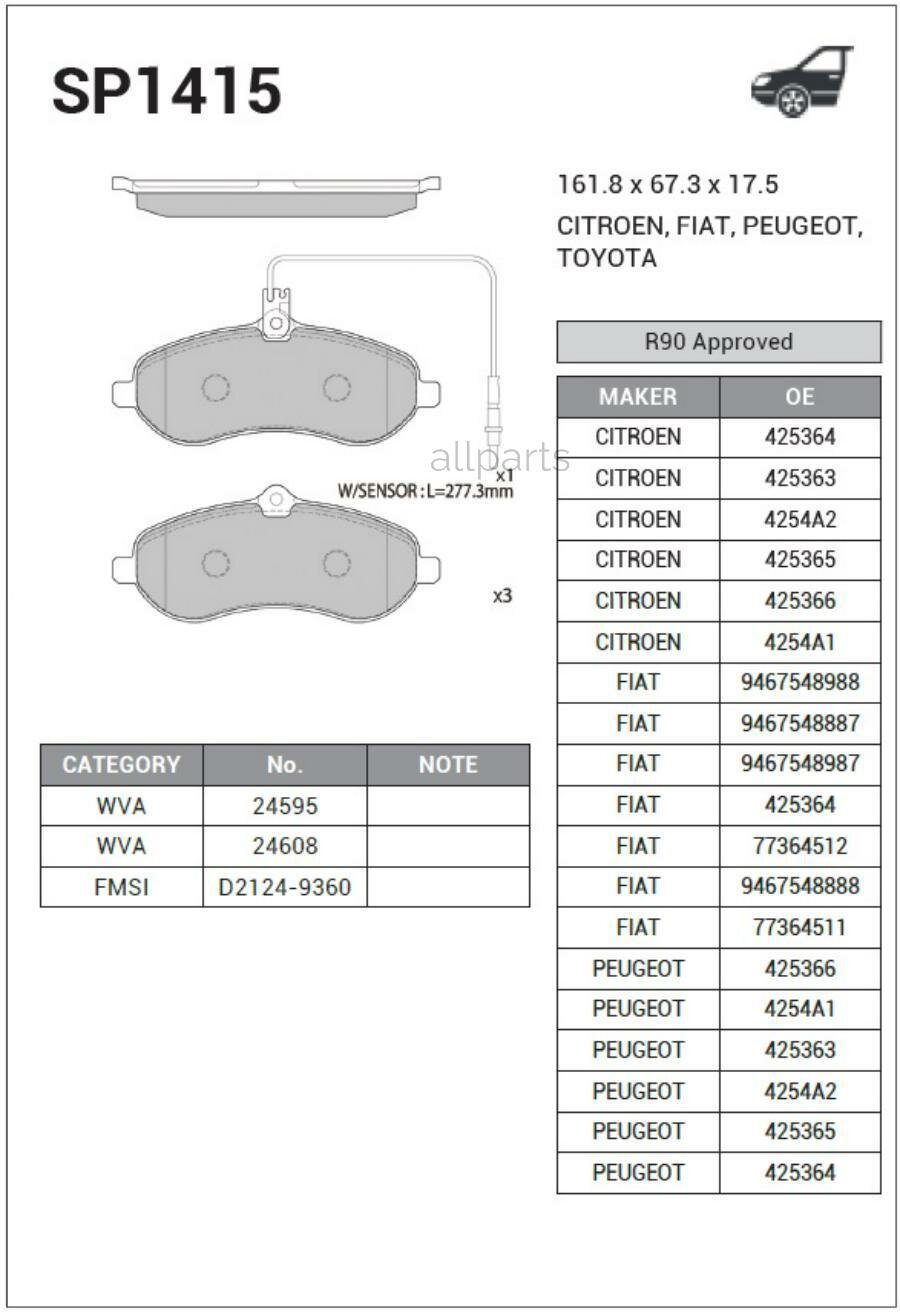 SANGSIN BRAKE SP1415 Колодки торм. дисковые Hi-Q CITROEN JUMPY 07-