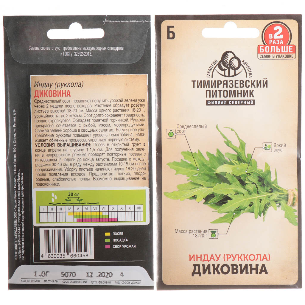 Семена Салат рукола, Диковина, 1 г, цветная упаковка, Тимирязевский питомник