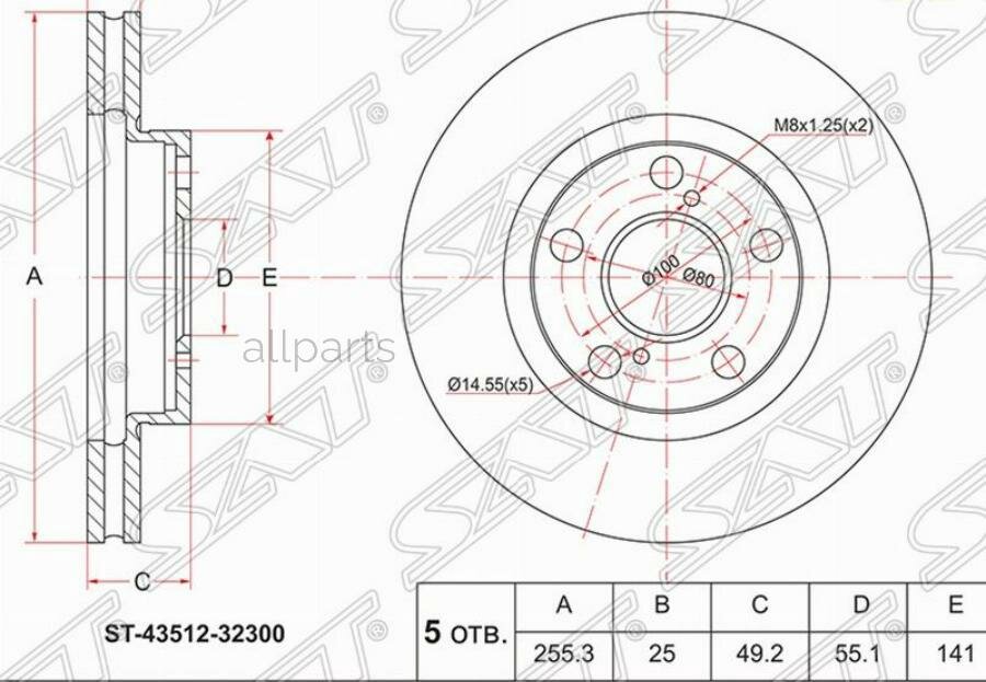 SAT ST-43512-32300 Диск тормозной (Спереди) Toyota Allion (T240) 01-07 / Caldina 92-02