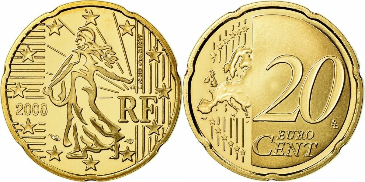 Франция 20 евроцентов, 2007-2023 XF