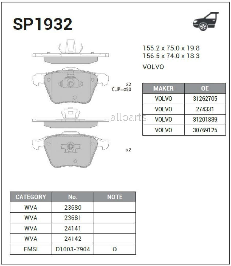 SANGSIN BRAKE SP1932 SP1932 колодки дисковые передние! \ Volvo XC90 2.5iT/3.2 T6 02>