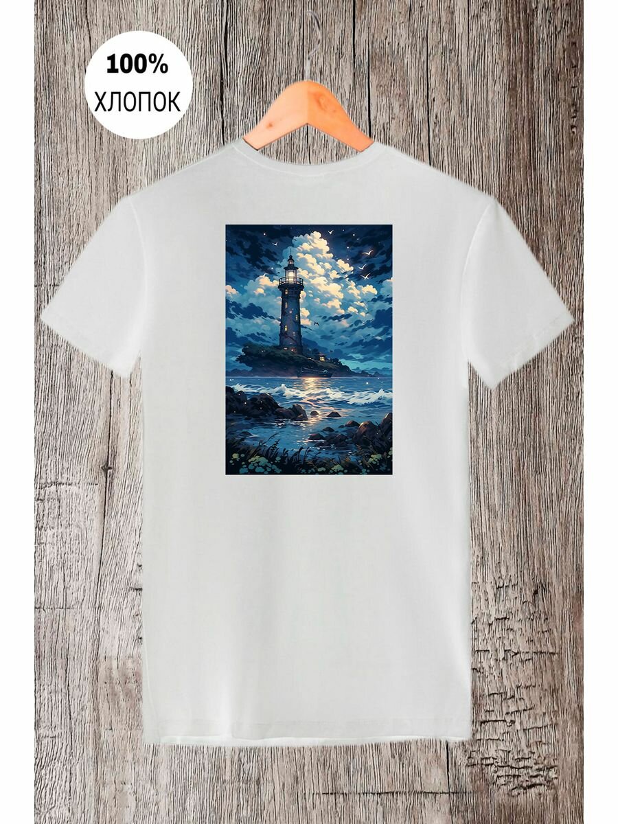 Футболка высокий маяк остров и лодка вода