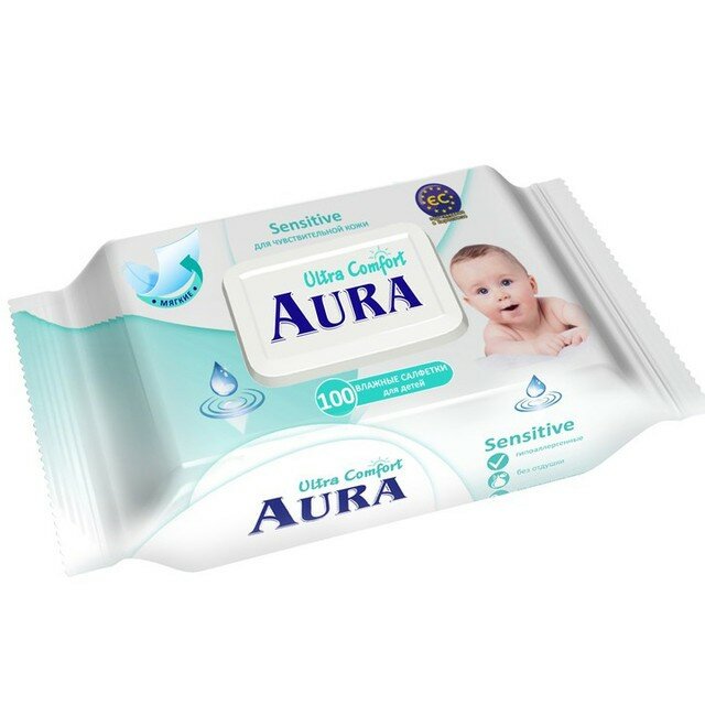 Набор из 3 штук Влажные салфетки для детей Aura Ultra Comfort "Aлоэ и витамин E" 100шт, с крышкой