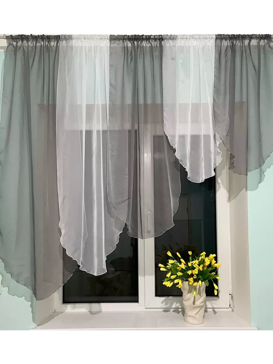 Тюль на кухню короткая асимметрия левая