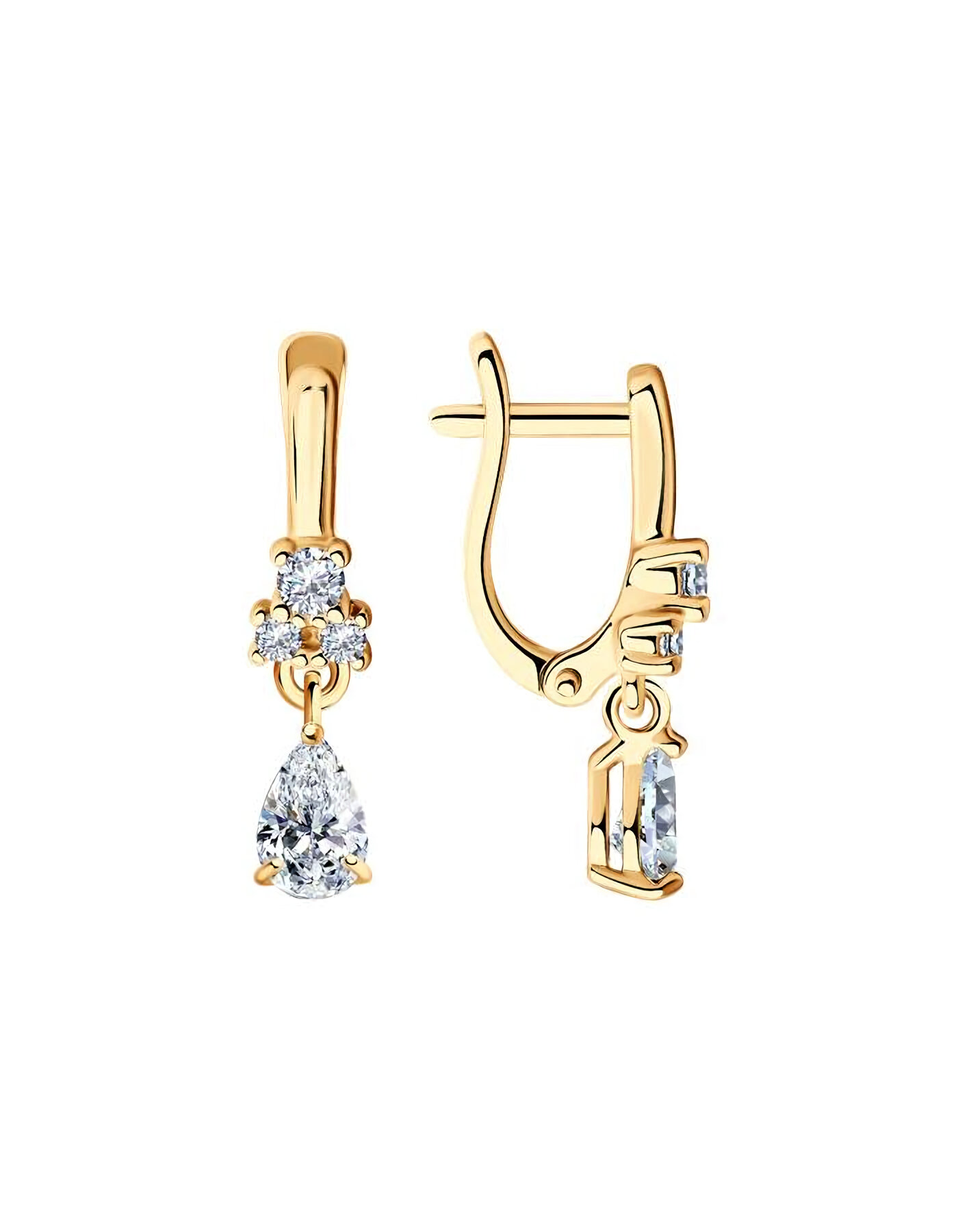 Серьги с подвесками, серебро, 925 проба, золочение, фианит