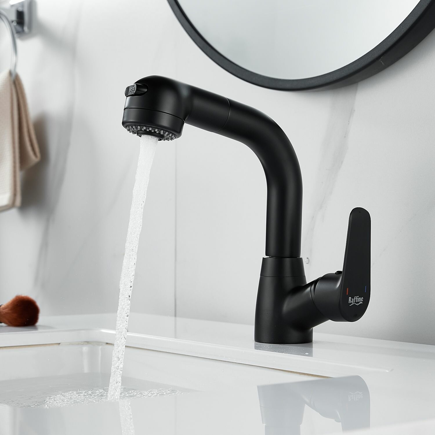 Смеситель для раковины Raffine F291H, выдвижной излив, латунь, черный