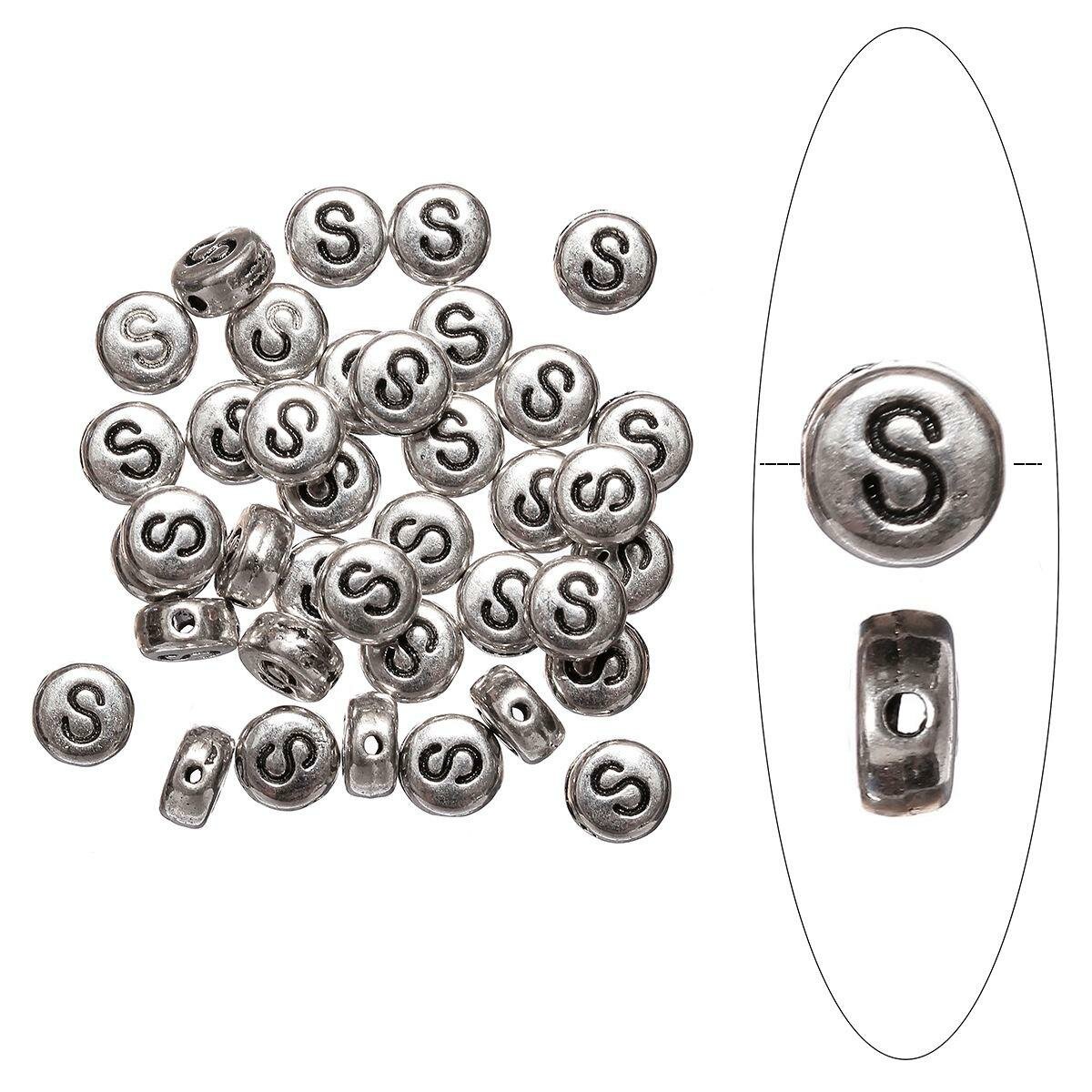 Бусина металлическая, 7х4мм, буква S, базовый материал - цинковый сплав, серебристая с чернением, 10 шт.